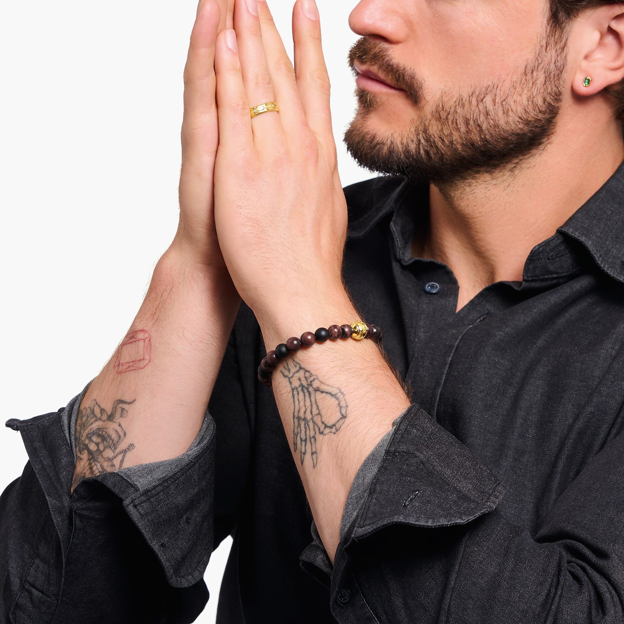 Yellow-gold plated bracelet with Obsidian and Red Tiger's Eye Beads ...