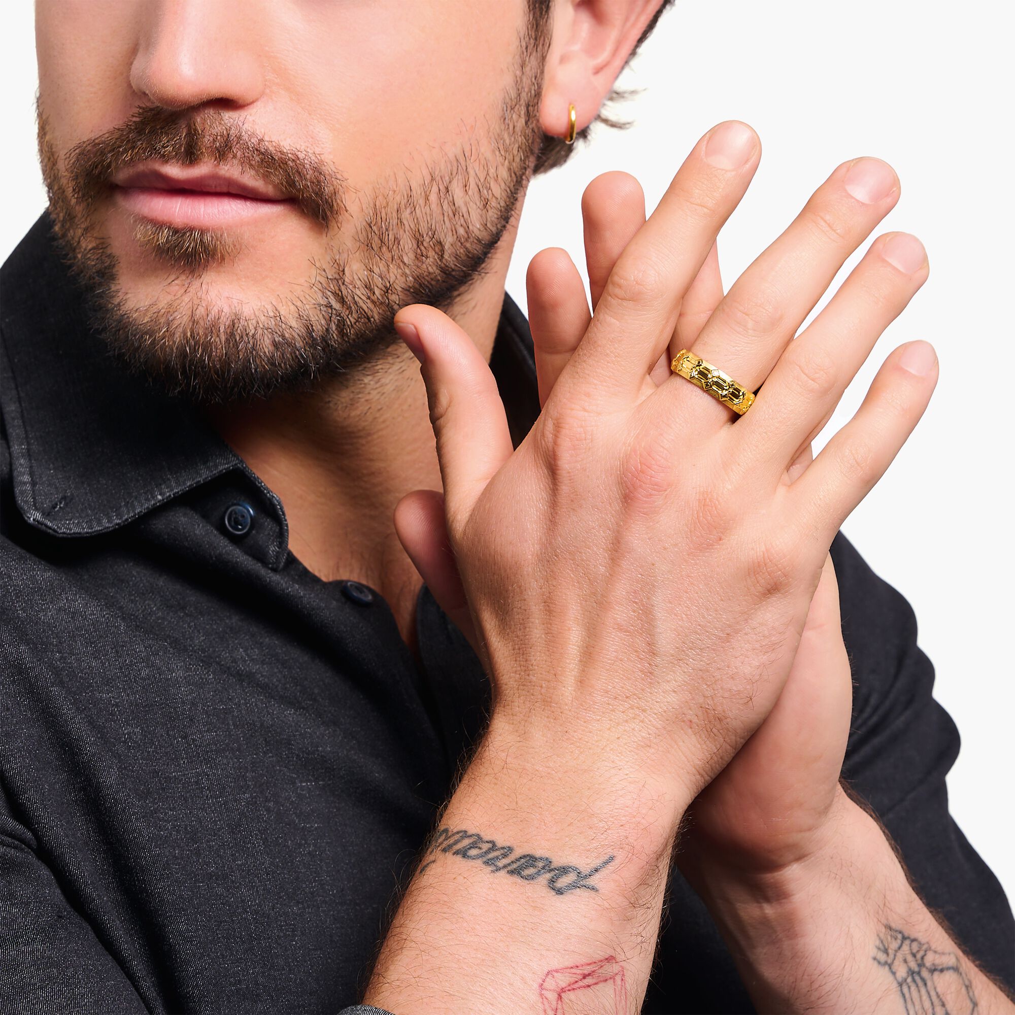 Wide yellow-gold plated band ring with crocodile detailing | THOMAS SABO